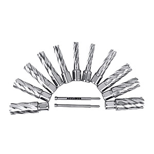 Accusize Industrial Tools 13 Pcs/Set 7/16'' to 1-1/16'' H.S.S. Annular Cutters, 2'' Cutting Depth with 2 Pilot Pins, N1