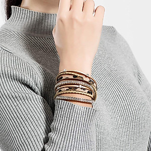 lureme Leather Leopard Wrap Bracelet with Rhinestones Magnetic Clasp Bracelet for Women (bl003513-4) Khaki