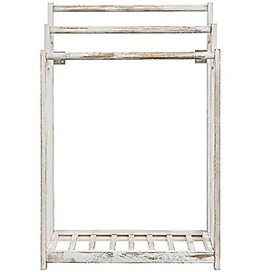 MyGift Shabby Whitewashed Wood Freestanding 3 Bar Towel Rack Holder with Bottom Storage Shelf, Laundry and Bathroom Towel Drying Rack