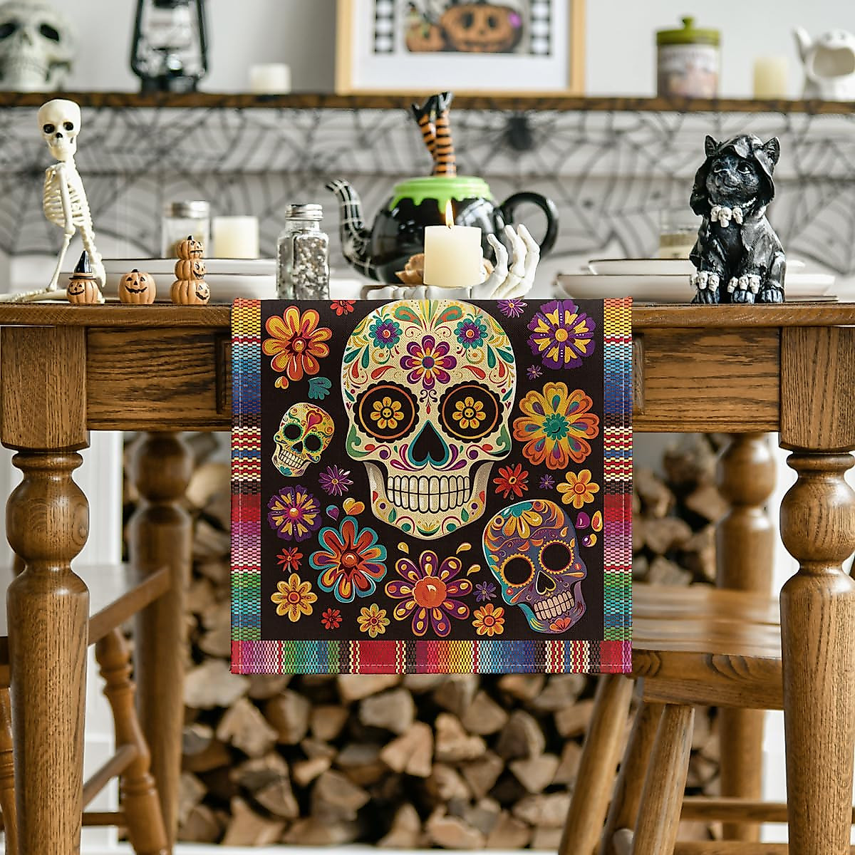 Artoid Mode Flowers Sugar Skull Mexican Day of The Dead Table Runner, Dia De Los Muertos Kitchen Dining Table Decoration for Home Party Decor 13x72 Inch