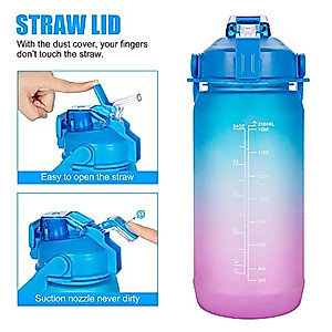 QIMUKKX Half Gallon Water Bottle with Straw, 64 oz Water Bottle with Time Marker, Plastic Water Bottles with Chug & Straw Lid, Motivational Water Jug with Phone Holder