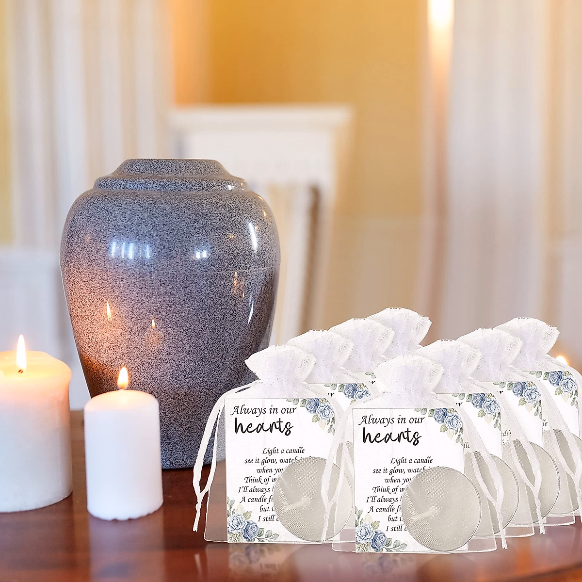 50 Set Funeral Party Favors Memorial White Candles Unscented Funeral Gifts Tealight Candles with Condolence Bereavement Cards and Organza Bags for Guest Celebration of Life Decorations (Elegant)