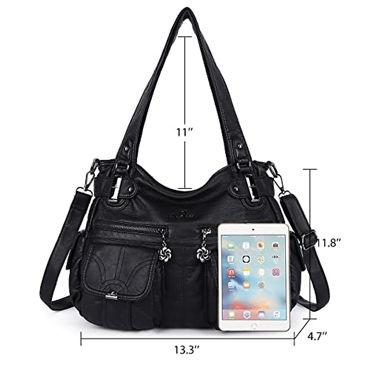 Angelkiss Women's Designer Handbag Large Double Zipper Multi Pocket Washed, Black