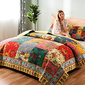Hailea Boho Bedding Sets Queen Patchwork Quilt Set Vintage Floral Plaid Bedding Luxury Flower Quilt Lightweight Reversible Yellow Red Pink Bedspread Coverlets All Season, Boho Quilt Bohemia Quilt