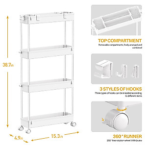 SPACELEAD Slim Storage Cart 4 Tier,Bathroom Organizer Rolling Utility, Mobile Shelving Unit Slide Out for Office, Kitchen, Laundry Room & Narrow Places,White