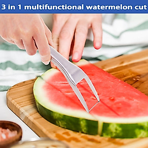 Tyqour 2pcs Stainless Steel Watermelon Fork Slicer 3-in-1double Head Portable Fruit Cutter Watermelon Cutter Tool, Fruit Fork Cut Watermelon for Family Parties Camping Kitchen Gadget
