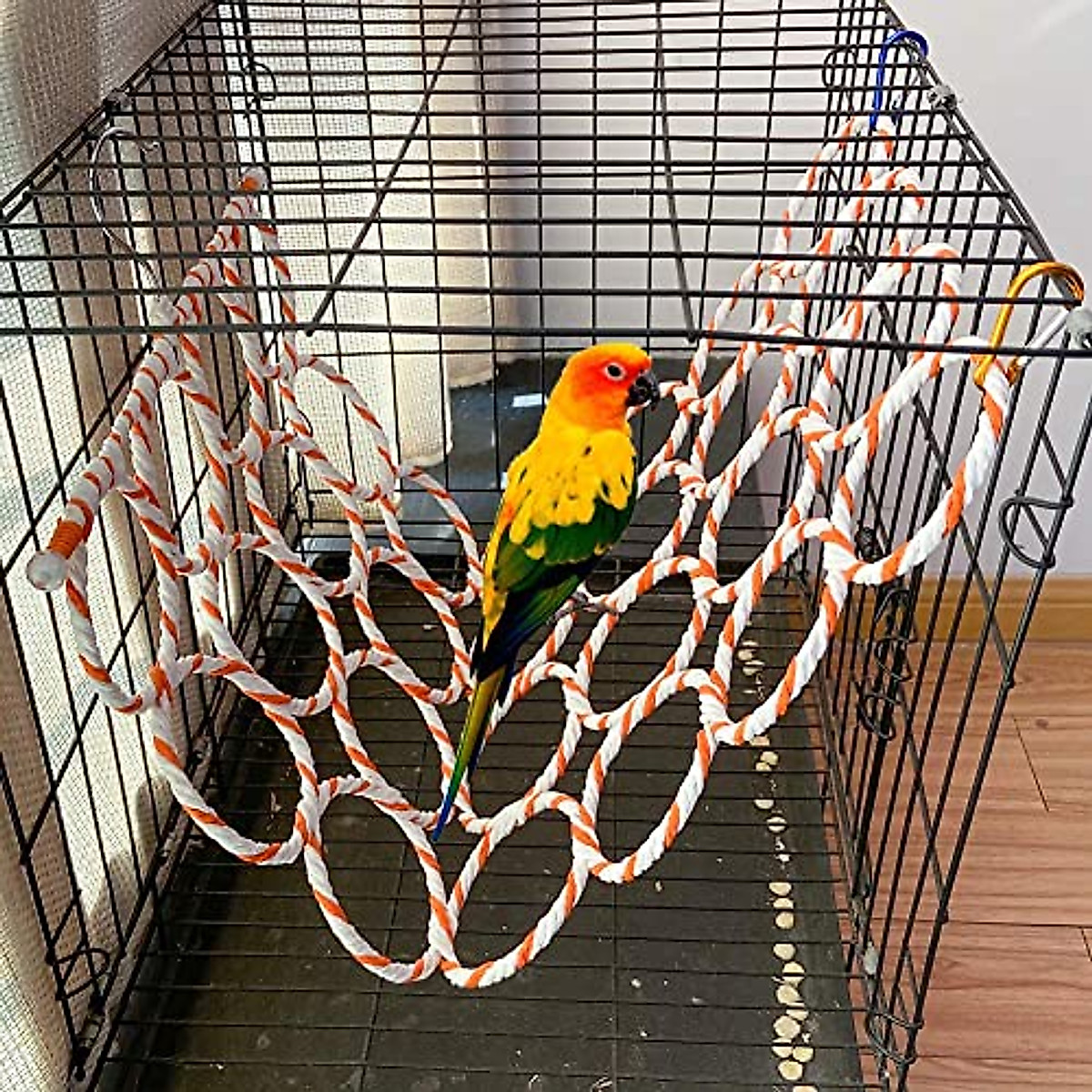 Bird Hemp Rope Net Swing,Parrot Perch Climbing Rope Ladder,Hammock Hanging on Parakeet Cage wiht 2 Hooks,Chew Toys for Greys Cockatoo,Cockatiel,Conure,Lovebirds,Canaries,Little Macaw 13.8" x 23.6"