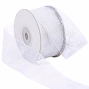 Livder 1.6 Inch Wide Christmas Snowflake Sheer Organza Ribbon for Xmas Gift Wrapping, Tree, Wreath, Party Decoration, 25 Yards (White)