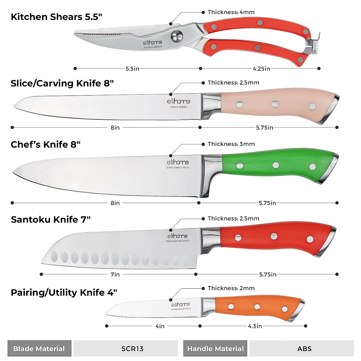 Elihome 5 Piece Professional Kitchen Knife Set, Premium Stainless Steel Ultra Sharp Knives Set for Kitchen, Ergonomic Colorful Handle, Home Cooking, Perfect Cutlery Set Gift, without Block