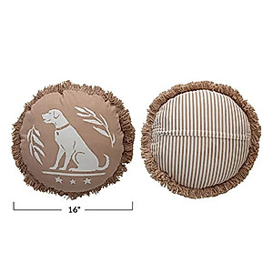 Creative Co-Op Round Printed Dog & Fringe w/Tan Striped Back, Cotton Pillow