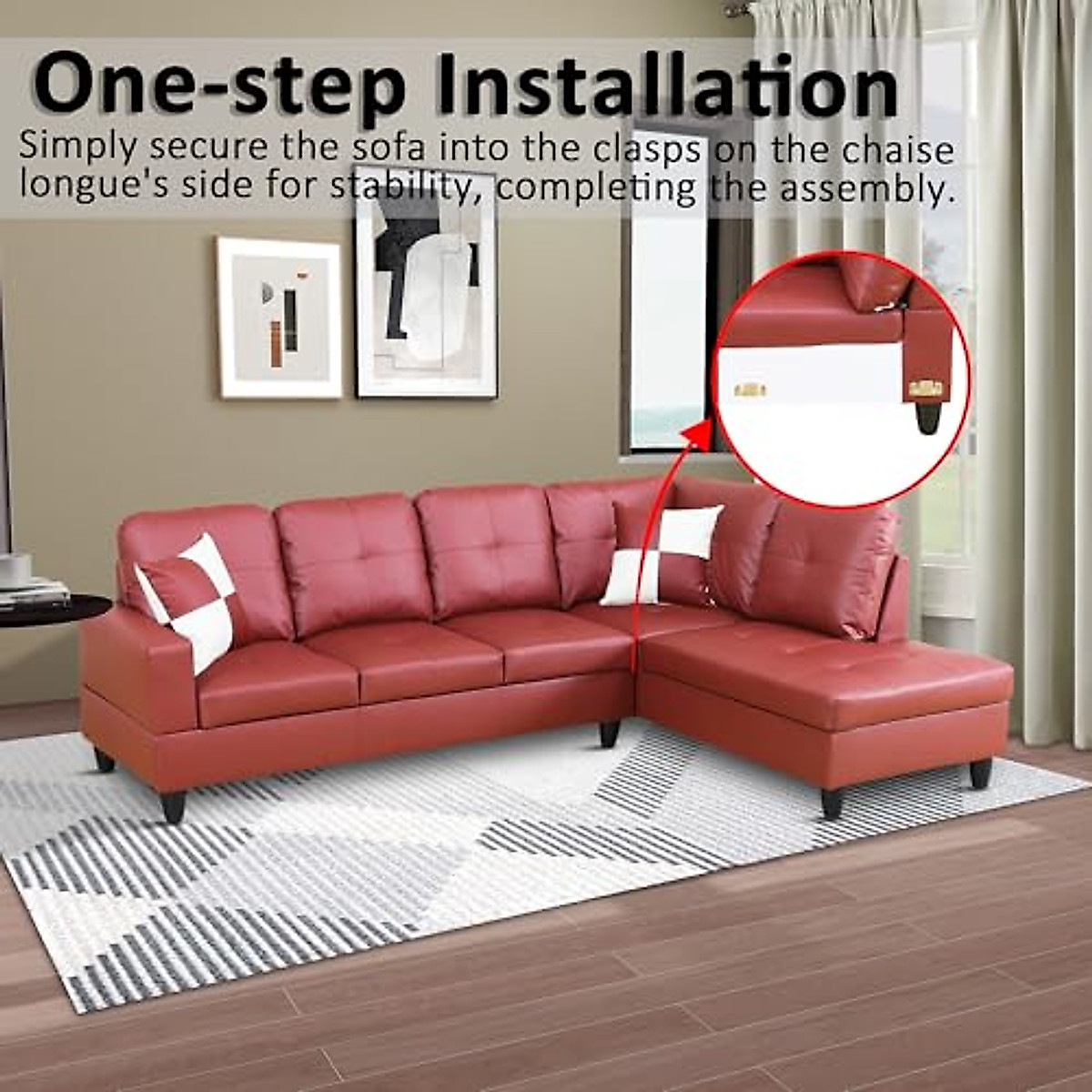 103" W Sectional Couches for Living Room, Faux Leather Couch with Storage Ottoman, Leather Sofa Brown Couches, Modular Sectional Sofa,Modular Sectional Couch for Living Room Furniture Sets, Red