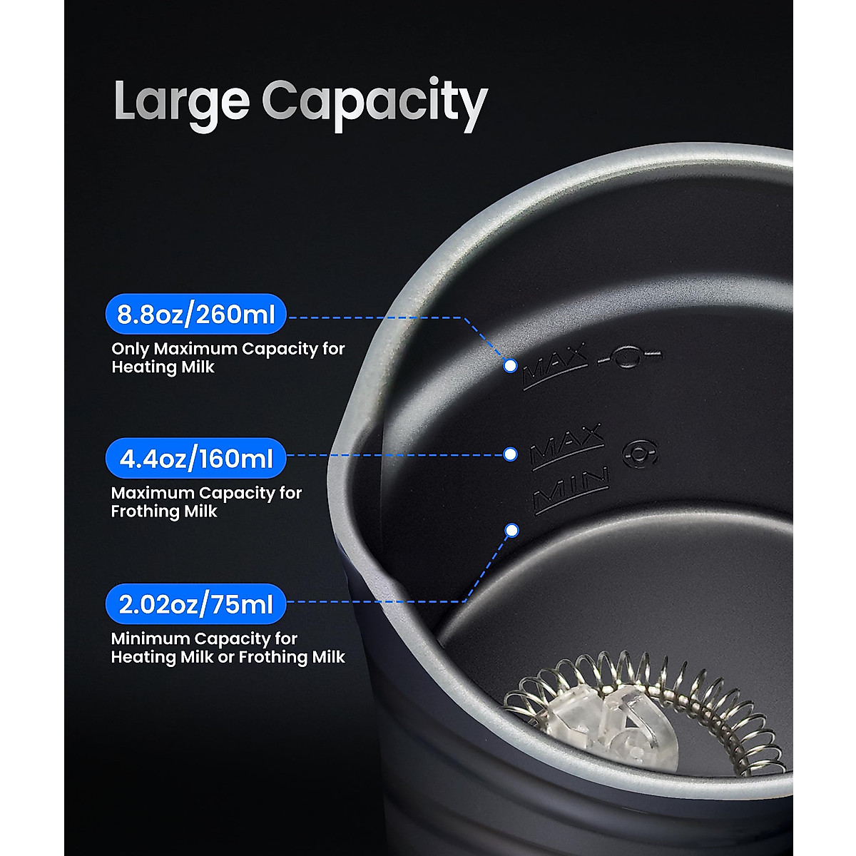 Milk Frother, SAIBOKE 4-in-1 Electric Milk Steamer，Automatic Hot & Cold Foam Maker, 8.8oz/260ml Milk Warmer for Latte, Cappuccinos, Macchiato. Ultra-Quiet Working & Automatic Shut Off.