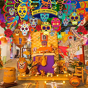 Supla 32 Pcs Day of The Dead Hanging Swirl Decorations Mexican Party Swirls Streamers Hanging Ceiling Décor with Assorted Sugar Skull Rose Bird Flower Cutouts for Día de Los Muertos Halloween Party