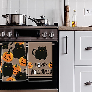 QIONG MENG Happy Halloween Kitchen Towels Set of 2 Black Cat Pumpkins Absorbent Dish Towels Hand Towel for Kitchen Decorative Cleaning Cooking 18x26 Inch