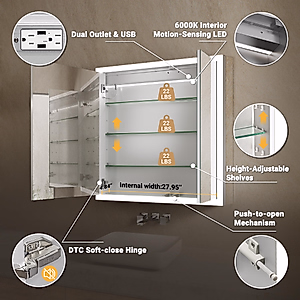 QueenFun 30x32 LED Medicine Cabinet with Mirror, Surface or Recessed Lighted Medicine Cabinet with Mirror, Dimmable Fogless Aluminum Medicine Cabinet with Outlet, Time Display& Built-in Sensing Light