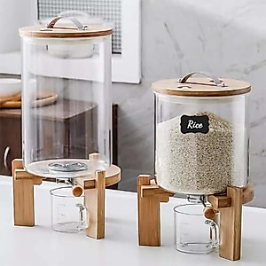 Rice Oatmeal Dispenser Storage Container - Flour and Cereal Glass Food Storge Container with Airtight Lid Wooden Stand & Measuring Cup for Kitchen Organization (5L)