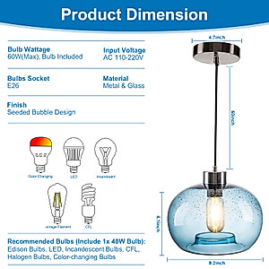 HASUN 2 Pack Blue Pendant Lights Kitchen Island, 9.2 Inch Pumpkin Farmhouse Seeded Glass Pendant Lights Fixture, Bedroom Pendant Light for Office Cafe Pubs Brushed Nicke with Bulb