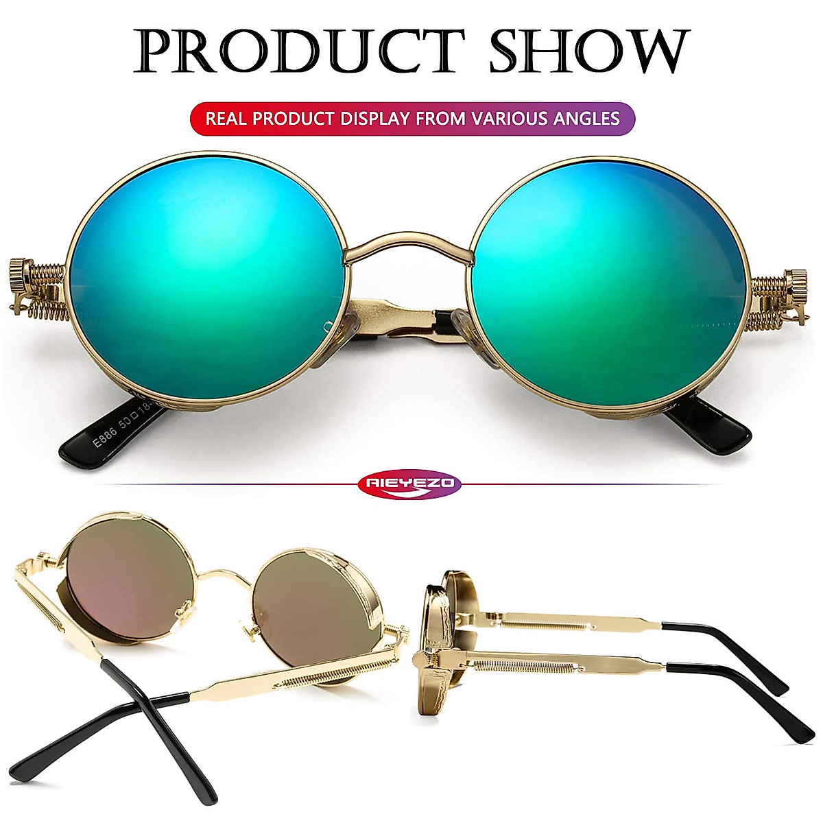 AIEYEZO Round Steampunk Sunglasses for Men Women Gothic Glasses Vintage Circle Metal Frame 100% UV Blocking Lens (Gold/Green Mirrored)