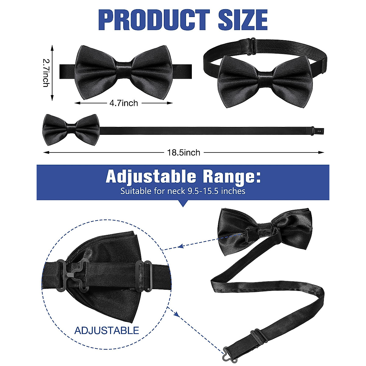 20 Pieces Bow Ties for Men, Formal Satin Solid Tuxedo Bow Ties Adjustable Length Pre Tied Bow Ties for Wedding Celebration(Black)