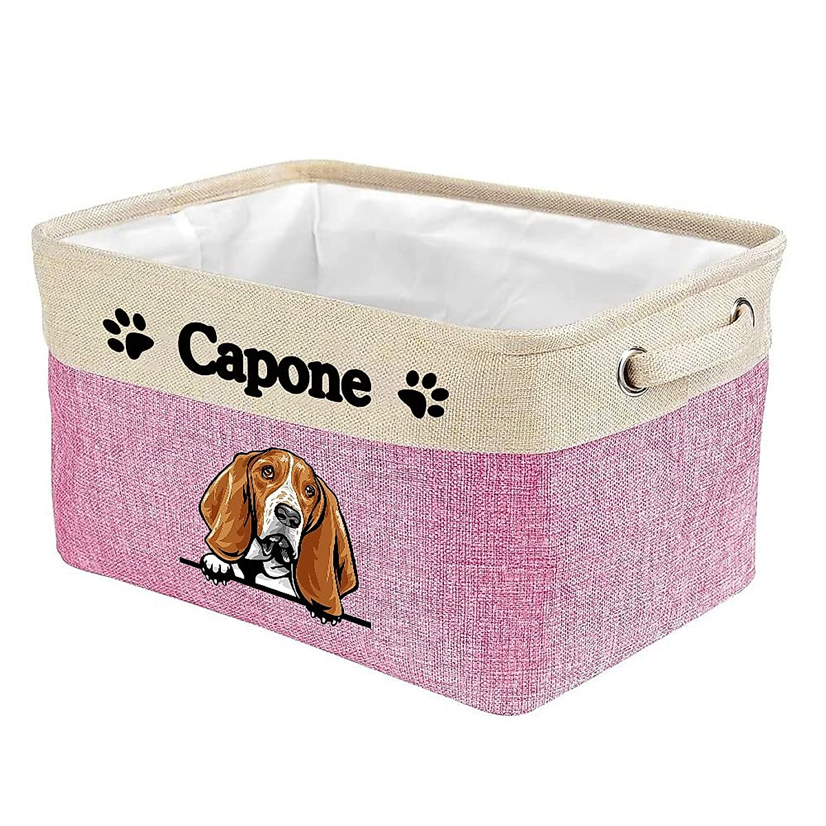 MALIHONG Personalized Foldable Storage Basket with Cute Dog Basset Hound Collapsible Sturdy Fabric Pet Toys Storage Bin Cube with Handles for Organizing Shelf Home Closet, Pink and White
