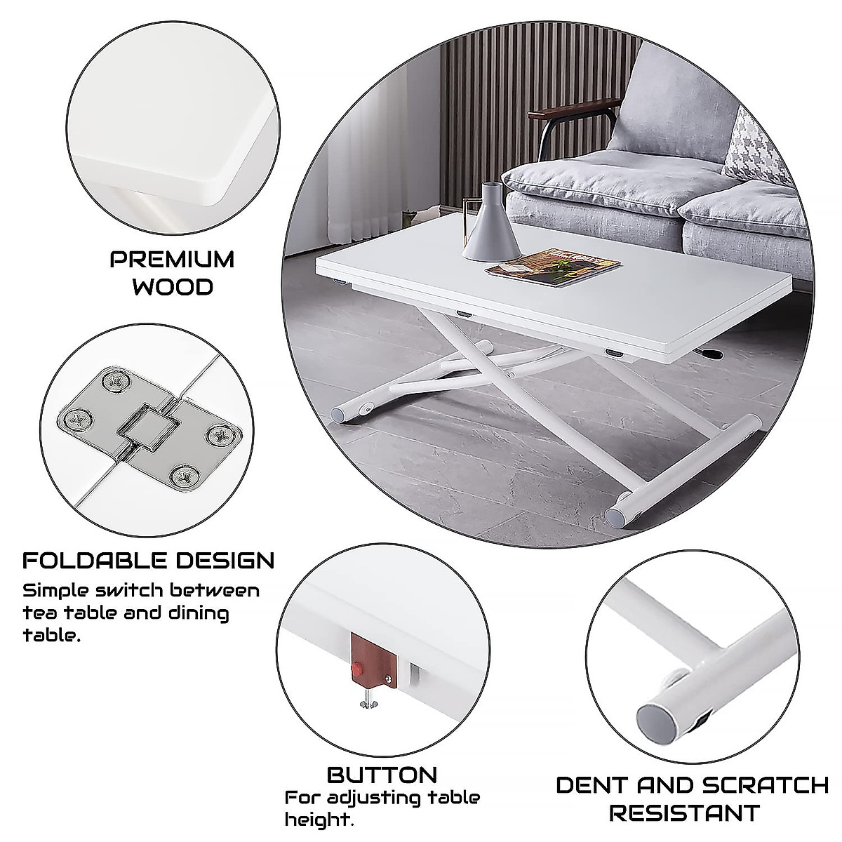 MYSELFLY Living Room Dinning Tables Folding Metal Lift Bracket Multifunction Transform Dinner Kitchen Coffee Tea End Table in Home Wood Desktop Design 40x35 White