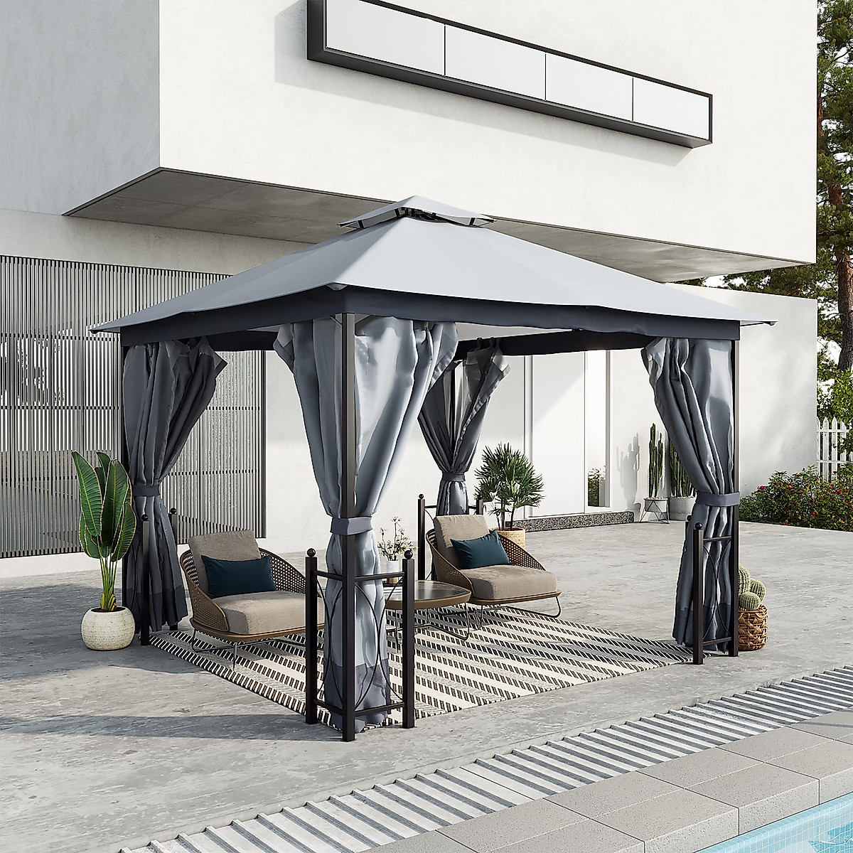 Outsunny 11' x 13' Patio Gazebo, Double Roof Outdoor Gazebo Canopy Shelter with Netting & Curtains, Steel Corner Columns for Garden, Lawn, Backyard and Deck, Gray