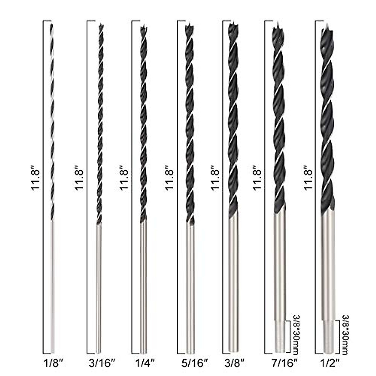 COMOWARE Extra Long Brad Point Drill Bit Set - 300mm Carbon Steel Wood Drill Bit Set for Hardwood, Plywood, Plastic, Aluminum, 7Pcs | 1/8'', 3/16'', 1/4'', 5/16'', 3/8'', 7/16'', 1/2'' (7 Pcs)