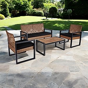 Finca ancha Patio Furniture Set 4 Pieces, Outdoor Furniture with Acacia Wood Table Top Coffee Table, Outdoor Wicker Patio Furniture for Yard, Pool, Backyard Sillas para Patio