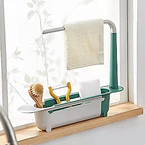 Weunoia Go Expandable Storage Drain Basket for Kitchen,Sponge,Soap Holder with Towel Rack Dish Cloth Hanger Organizer Kitchen（Green）