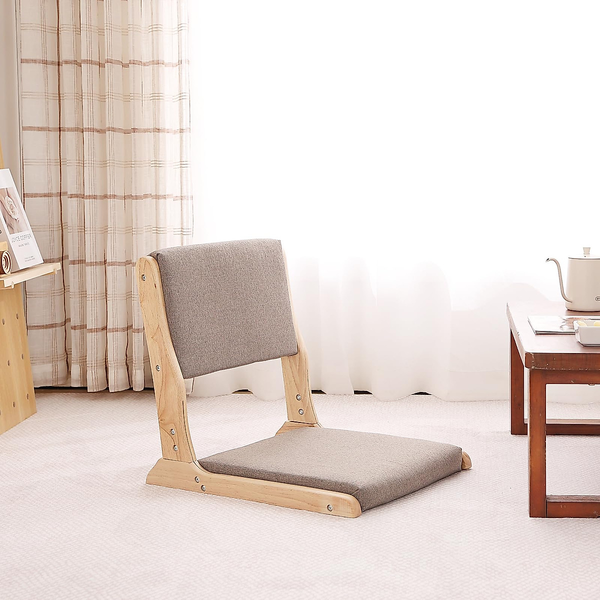 Tatami Chair Accent Furniture, Foldable Meditation Floor Chair, Folding Floor Chairs Seat, Portable Japanese Legless Chair, Back Rest Chair with Cushion, Wood Grey