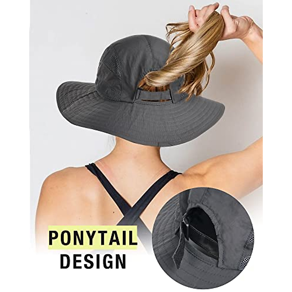 FURTALK Sun Hats for Women Wide Brim UPF 50+ Sun Hat with Ponytail Hole for Women Outdoor Summer Hiking Hat Dark Grey