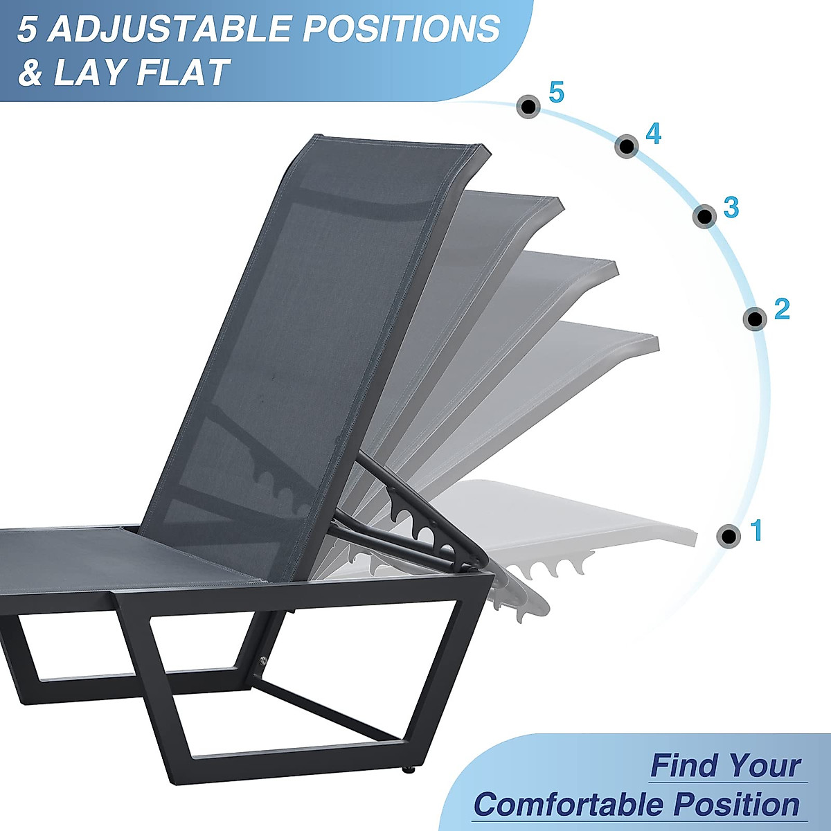 Mutaomay Lounge Chairs Set of 2, Aluminum Pool Furniture Outdoor Patio Chaise Lounge 5 Position Adjustable Lounge Chair Outside All Weather for Patio, Beach, Poolside, 300 LBS Weight Capacity