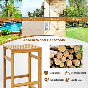 HAPPYGRILL Outdoor Wood Bar Stools Set of 2, Patio Bar Stools with Ergonomic Seat & Comfortable Footrest, Acacia Wood Bar Stools, 30-Inch Bar Height Stools for Garden Deck Balcony Poolside