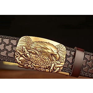 HYJTYA Men's Ratchet Genuine Leather Belt with 3D Eagle Sliding Buckle,Vintage Western Cowboy Leather Engraved Belt (Gold Brown, 39" to 42" Waist Adjustable)