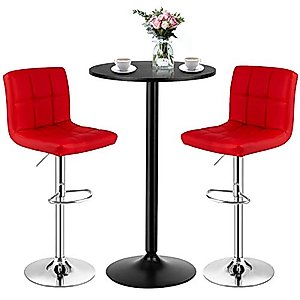 COSTWAY 3-Piece Bar Table Set, Round Cocktail Table and PU Leather Adjustable Swivel Chairs, Modern Counter Height Table Set with 2 Bar Stool for Kitchen, Office (Red)