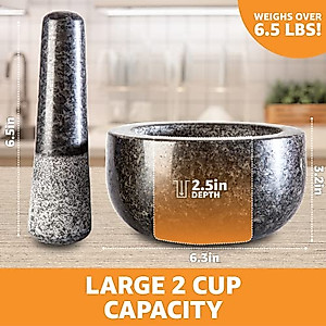 Heavy Duty Large Mortar and Pestle Set, Hand Carved from Natural Granite, Make Fresh Guacamole, Salsa, Pesto, Stone Grinder Bowl, Herb Crusher, Spice Grinder, 6.3 Inch Size, Black
