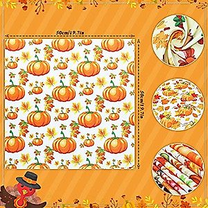 Pack of 8 Thanksgiving Fat Squares Fabric Sheets Bundles, 20" x 20", Assorted Fall Autumn Harvest Theme Patterns Include Maple Pumpkin Turkey Sunflower for Party Supplies Decor DIY Sewing Quilting