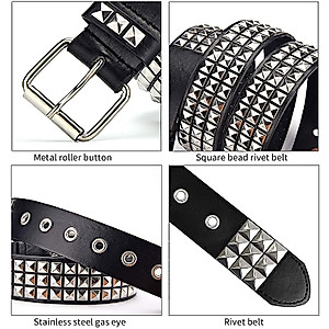 Studded Belt, 3 Row Metal Pyramid Silver Square Beads Punk Leather Belt, Gothic Punk Pants Jeans Belt for Women Men (Black) 110 x 3.8 cm