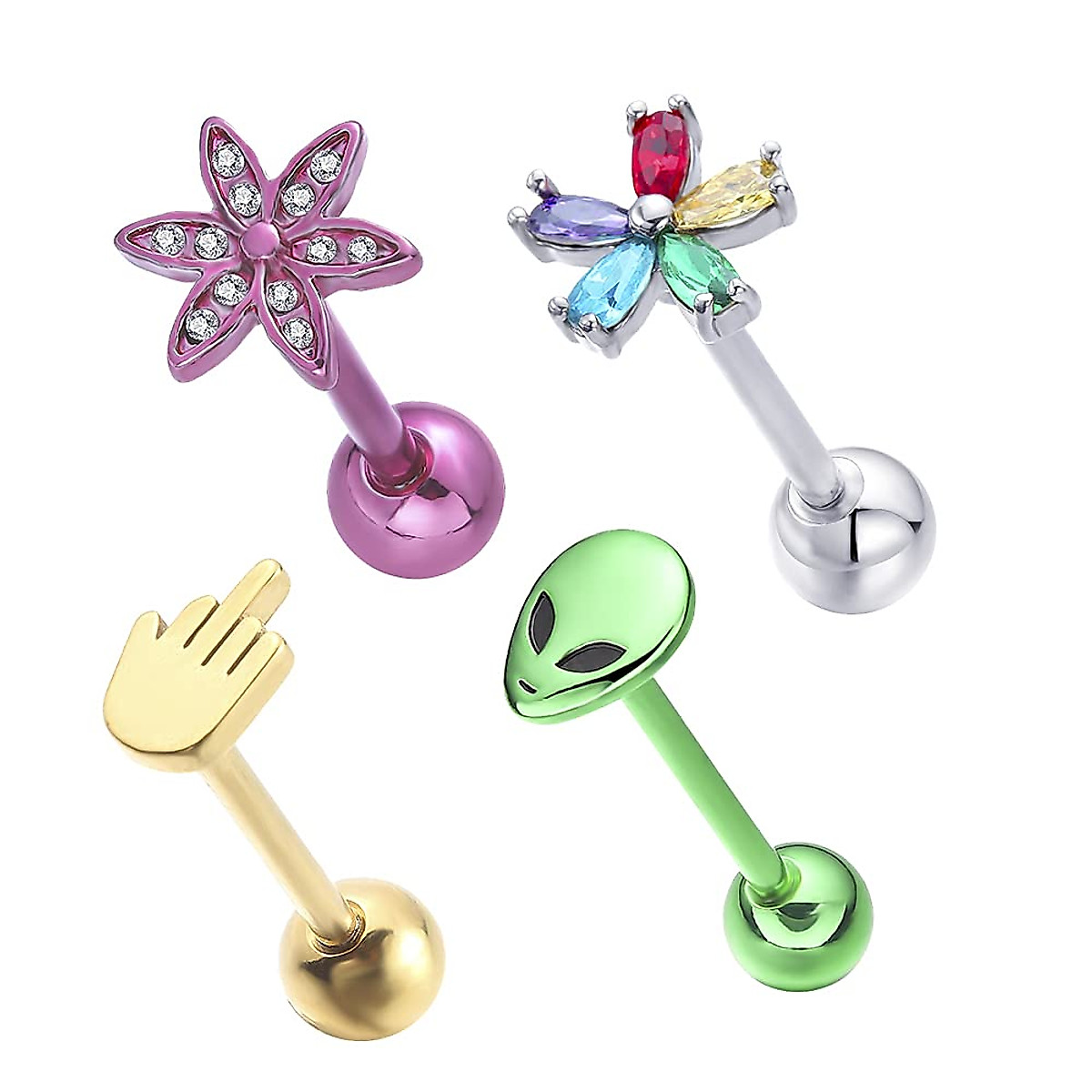 WASOLIE 4Pcs 14G Stainless Steel Tongue Piercing Barbells Multicolor Ring Body Piercing Jewelry for Women