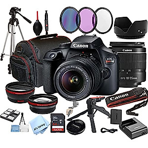 Canon EOS Rebel T100 DSLR Camera w/EF-S 18-55mm F/3.5-5.6 Zoom Lens + 64GB Memory + Case + Tripod + Filters (28pc Bundle) (Renewed)