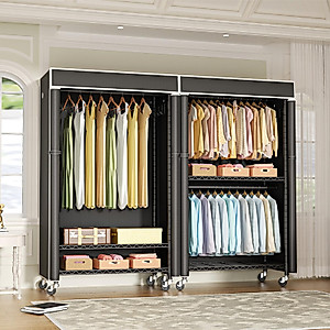 FUTASSI Black Clothing Rack with Black Cover, P1C Rolling Closet Rack with Wheels, Metal Garment Rack for Hanging Clothes, Clothing Storage Wardrobe, 36.2" W x 16.5" D x 78.7" H, Load 450 Pounds