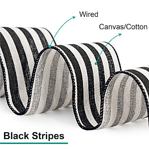 CT CRAFT LLC Striped Canvas Cotton Ribbon 2.5" x 10 Yards Ivory/Black Stripes for Thanksgiving Christmas Home Décor Gift Wrapping Outdoor Tree Topper Bow Wreath