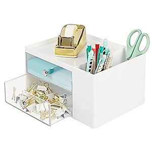 mDesign Plastic Home, Office Storage Caddy Box for Desk, Countertop, Cubicle - 2 Drawers, 2 Side Compartments, Top Shelf - Organizer Holds Pens, Erasers, Sticky Notes, Binder Clips - White/Clear