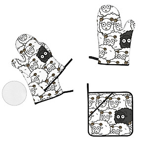 Cartoon Black White Sheep Printed Oven Mitt and Pot Holder Set, Washable Heat Resistant Oven Mitt for Kitchen Cooking Baking Grill