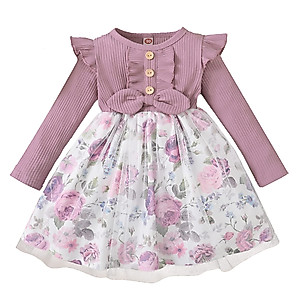 Toddler Girls Outfits Ruffle Long Sleeve Bow Dresses Splicing Floral Princess Tutu Skirts Cute Fall Clothes (Purple, 18-24 Months)