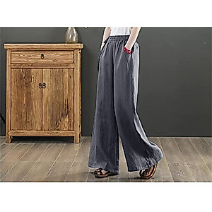 Les umes Women's Casual Wide Leg Long Pants High Waist Drawsting Loose Palazzo Pants Cotton Linen Beach Trousers Grey XL