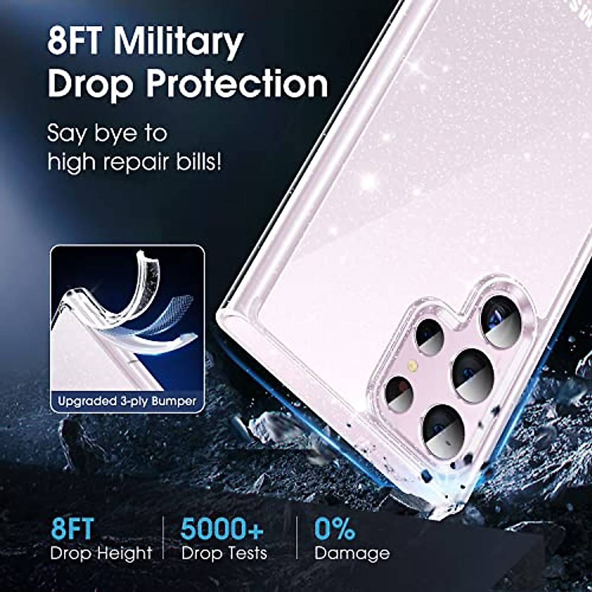 CASEKOO Clear Glitter Samsung Galaxy S23 Ultra Case - Military Grade, Anti-slip, Scratch Resistant, Wireless Charging Compatible, 6.8 inches