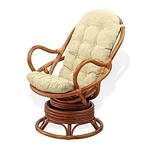 Java Lounge Swivel Rocking Chair with Cream Cushion Natural Rattan Wicker Handmade, Colonial