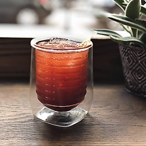 Aged & Ore - The Duo Glass | Hand Blown Double Walled Whiskey Glass Gift Set with Free Silicone Ice Molds | Integrated Measuring Lines for the Perfect Cocktail | Durable Modern Tumbler | Set of 4