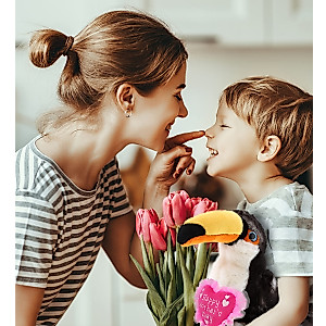 DolliBu Happy Mother's Day Super Soft Plush Toucan Doll Figure - Cute Stuffed Animal with Pink Heart Message for Best Mommy, Grandma, Wife, Daughter - 8" Inches